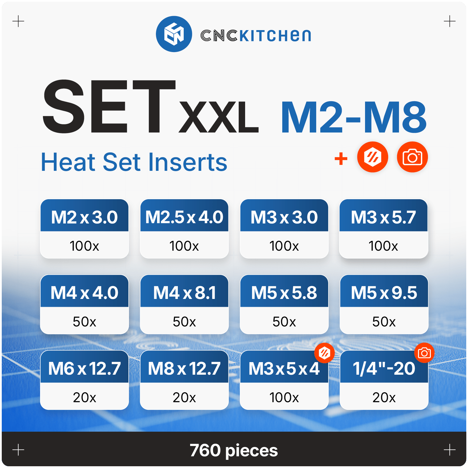 760pc CNCKitchen Heat Set Insert Kit – M2 to M8 & 1/4"-20 Sizes – Vector 3D